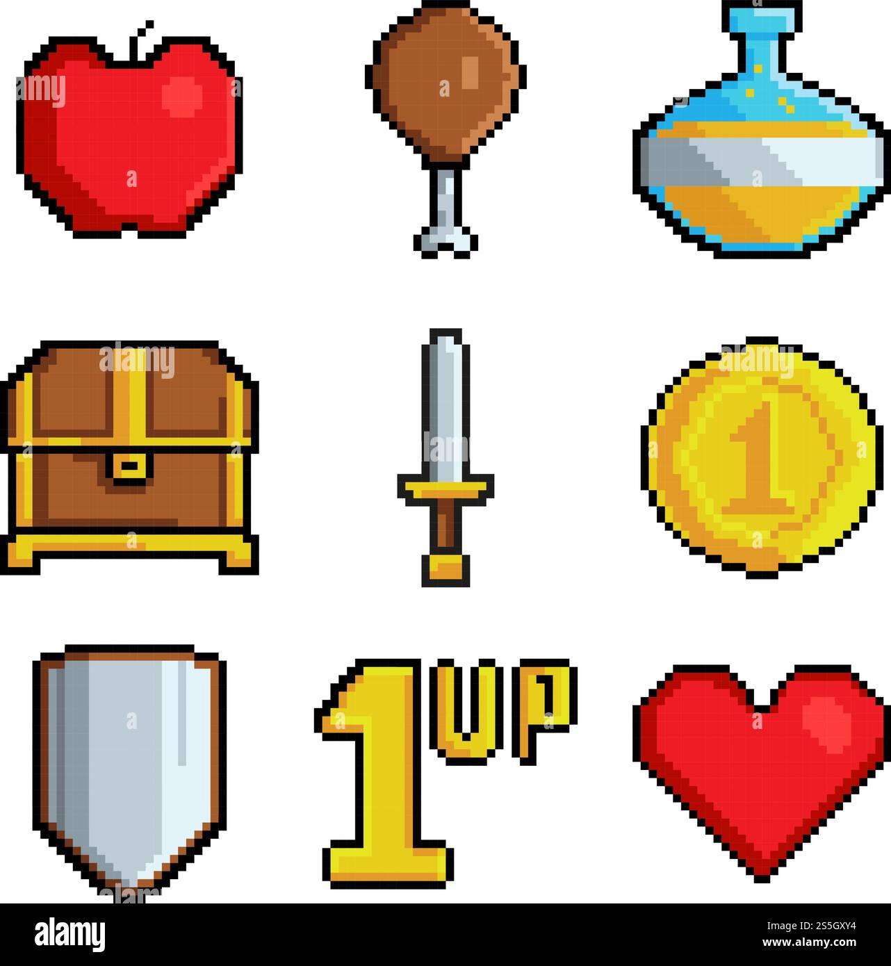 Pixel games icons. Various stylized symbols for video games. Video game ...
