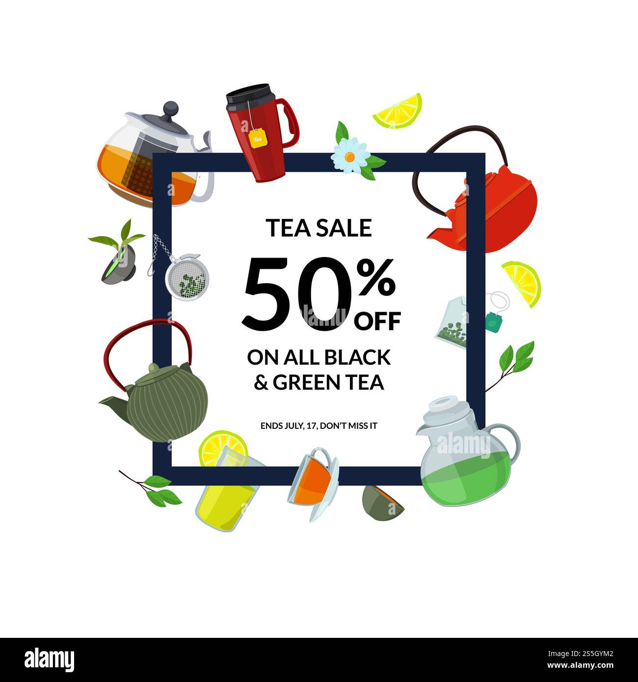 Tea drinking frame. Vector cartoon tea kettles and cups flying around ...