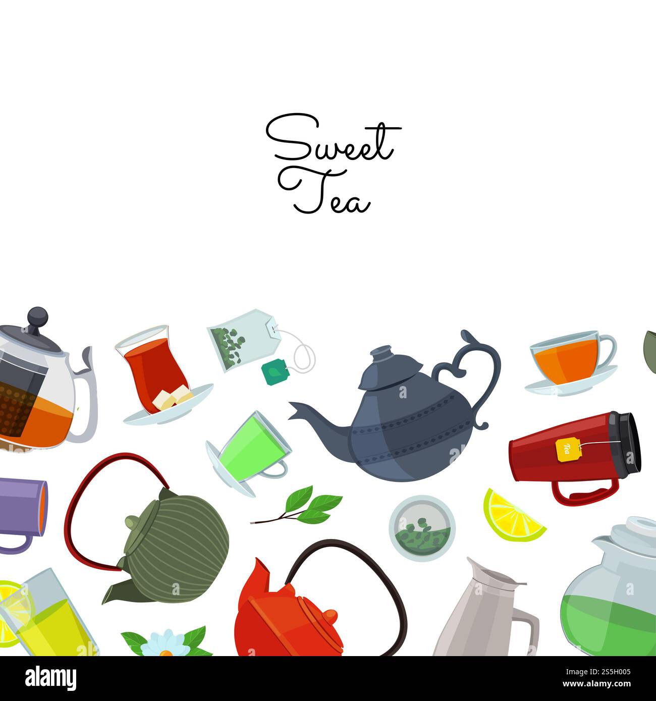 Vector cartoon tea kettles and cups background with place for text ...