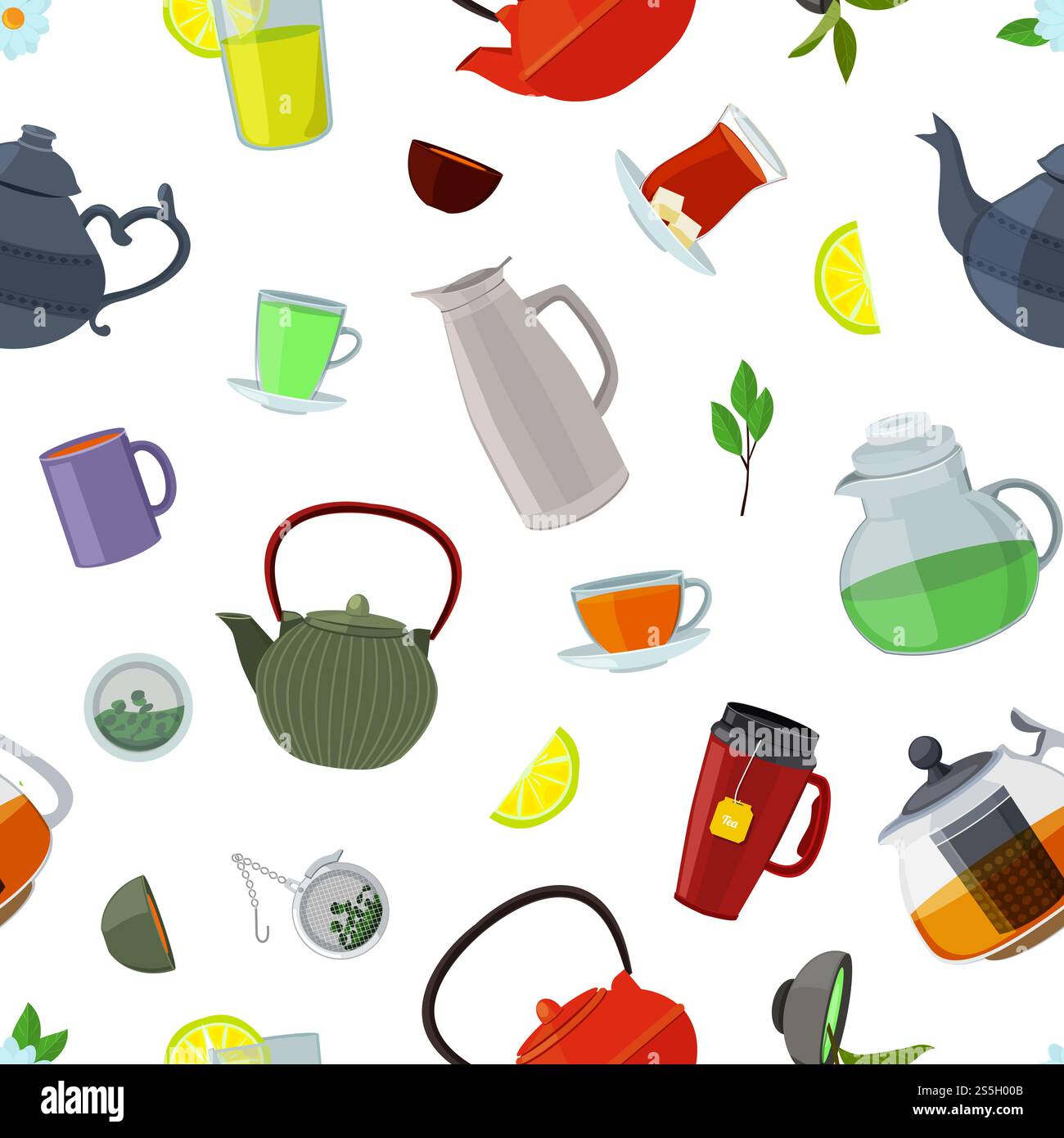 Vector cartoon colored tea kettles and cups pattern or background on ...