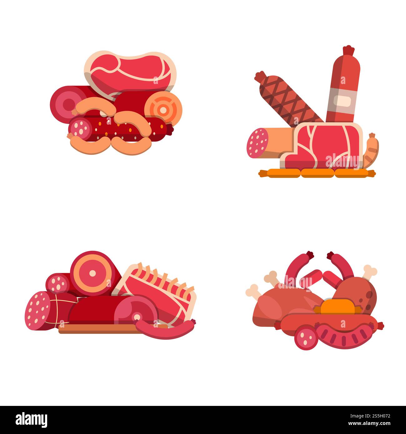 Vector flat meat and sausages icons piles set isolated on white ...