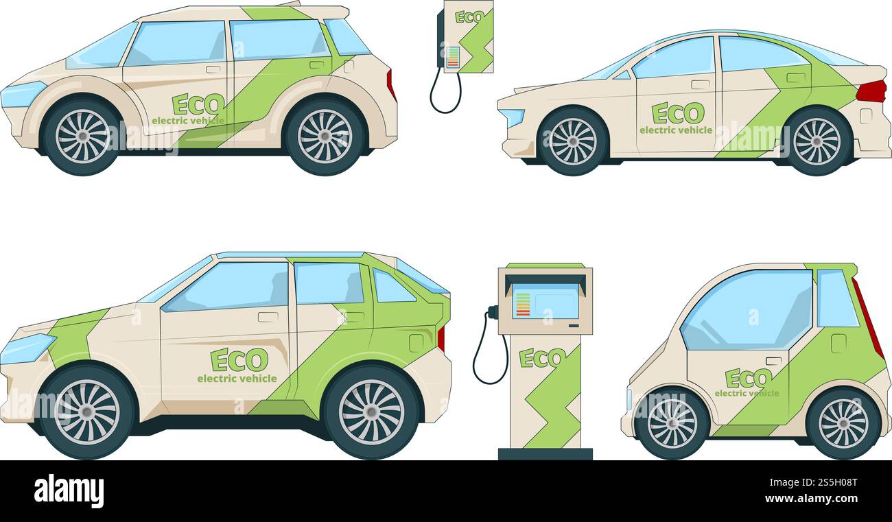 Electric cars. Various cartoon eco cars isolate. Illustration of eco ...
