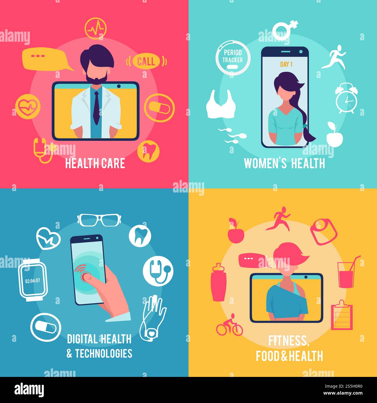 Medicine and technology. Conceptual healthcare illustrations of ...