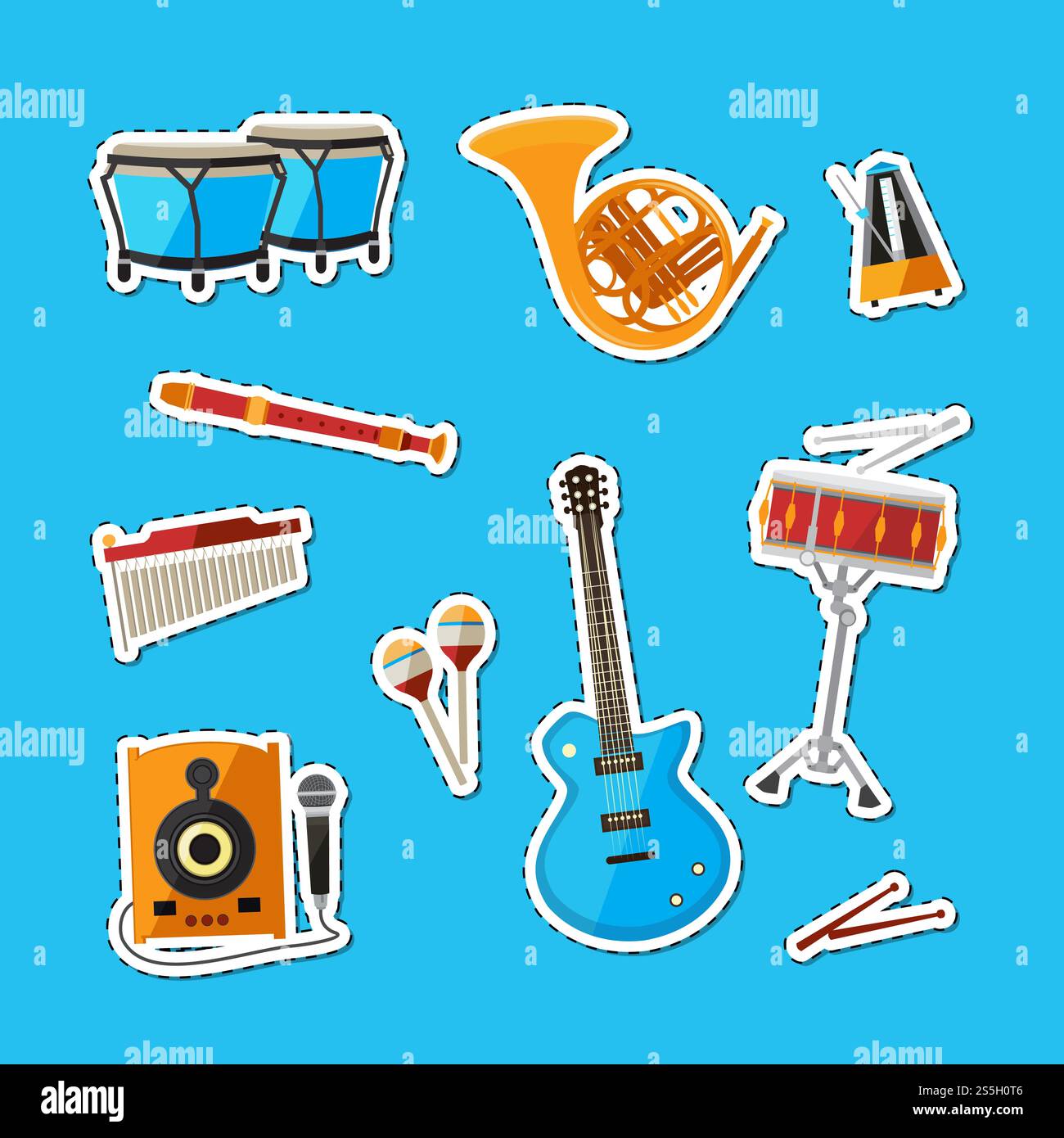 Vector cartoon musical instruments stickers set illustration isolated ...