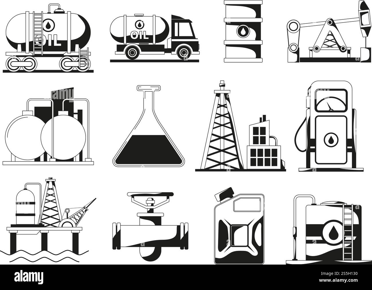 Monochrome black icon set for petroleum industry. Vector oil production ...