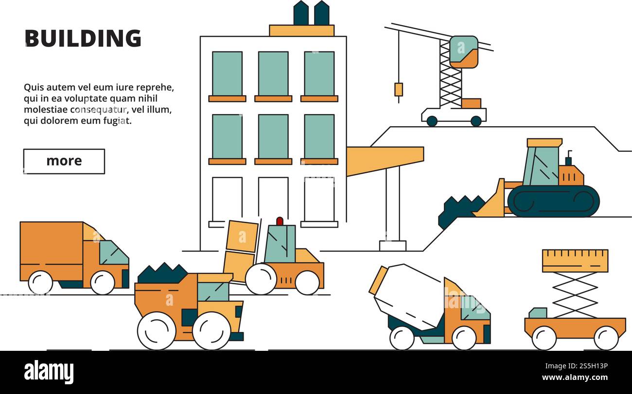 House construction. Heavy building machines linear background ...