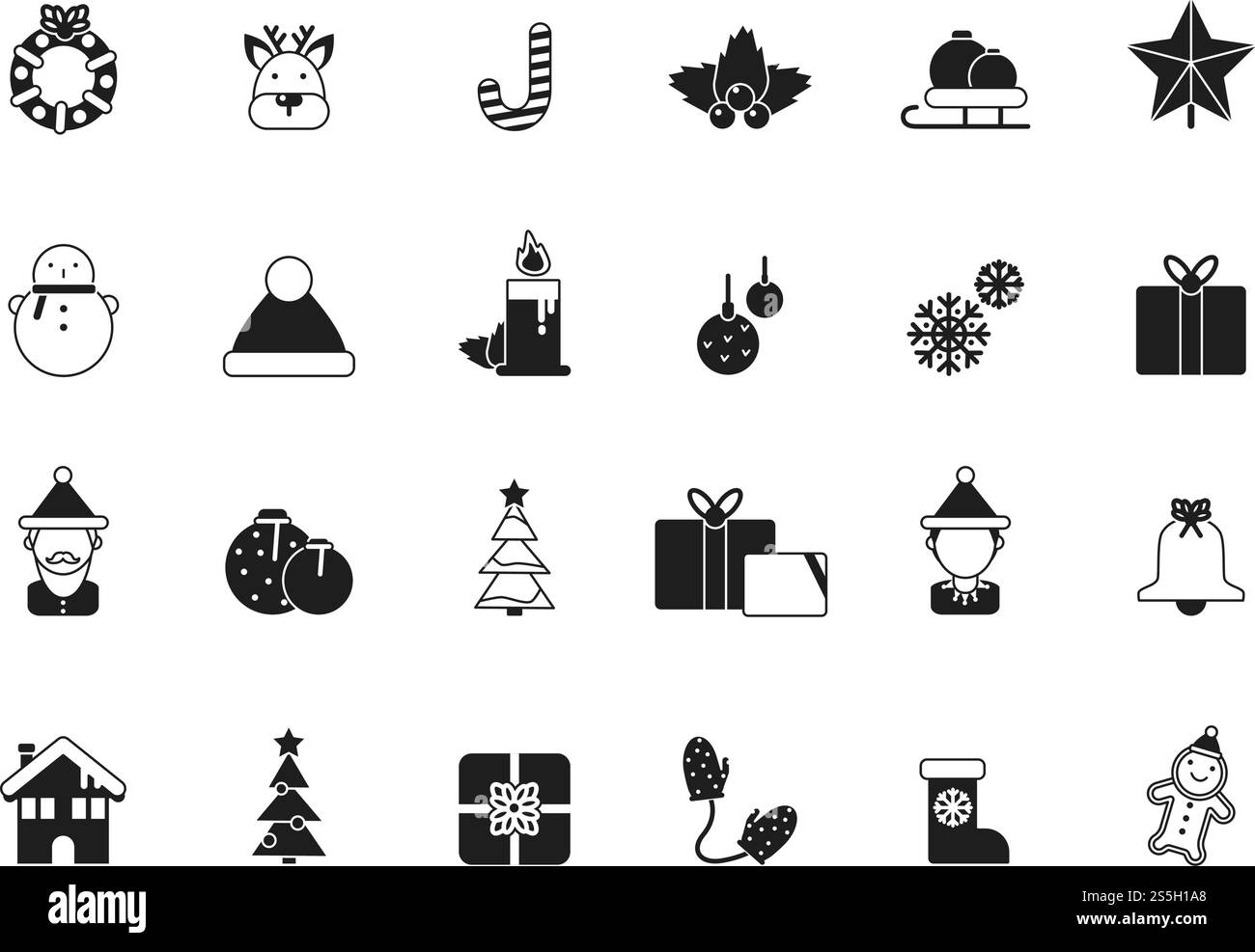 Christmas icons. Bells santa elf celebration gifts green tree candied ...