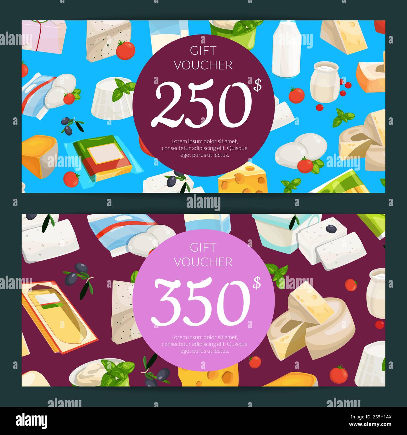 Vector cartoon dairy and cheese products discount or gift voucher ...