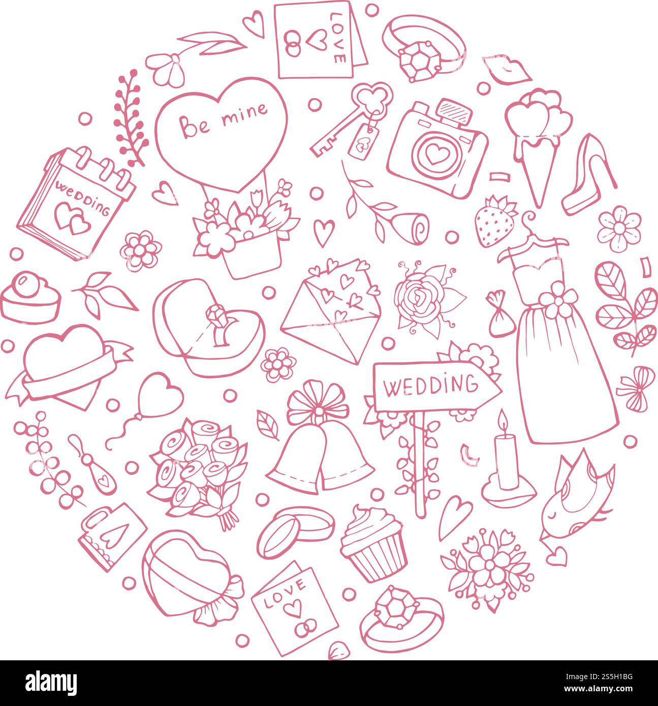 Wedding symbols in circle shape. Vector illustrations of wedding ...