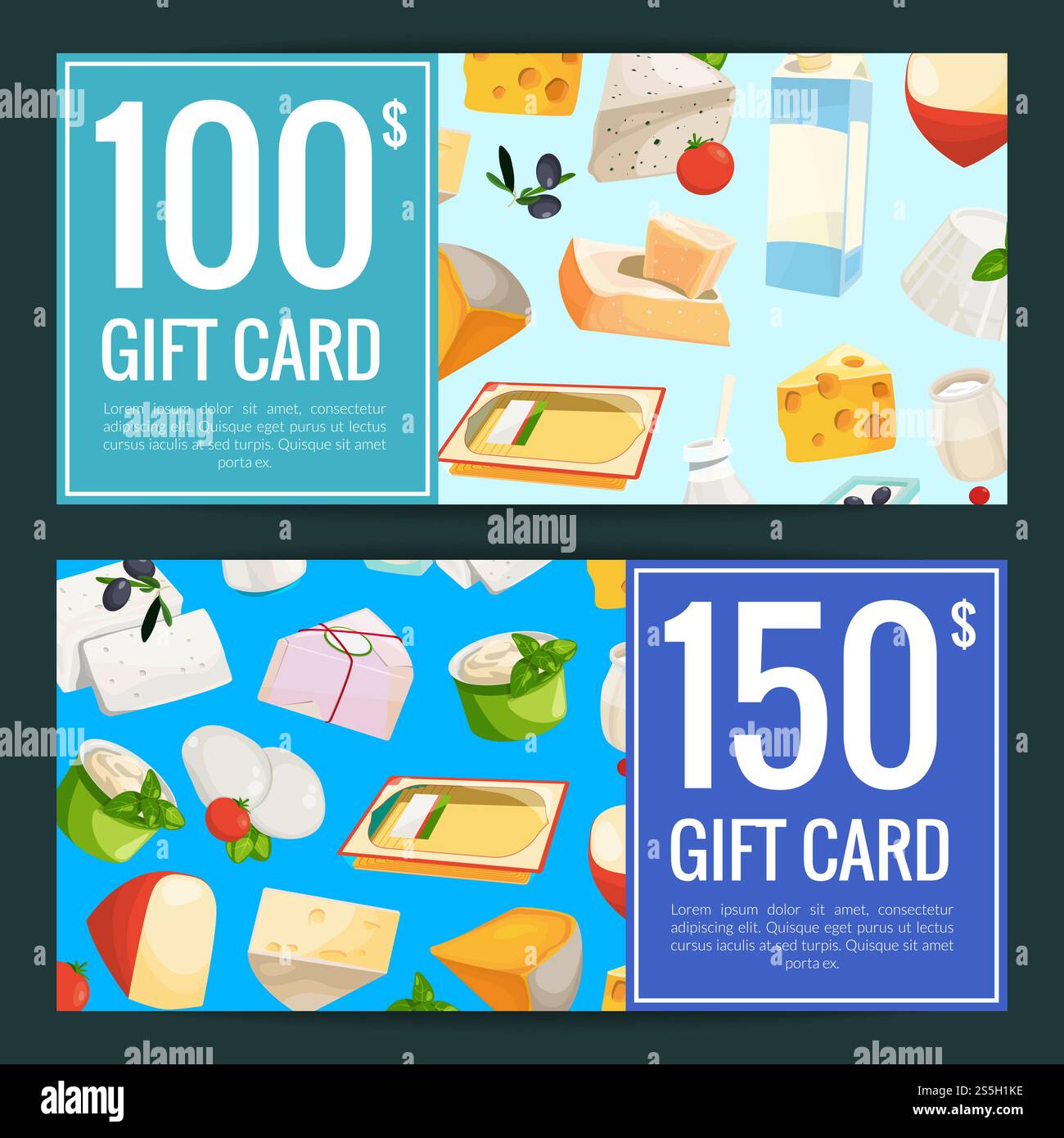 Vector cartoon dairy and cheese products discount or gift voucher ...