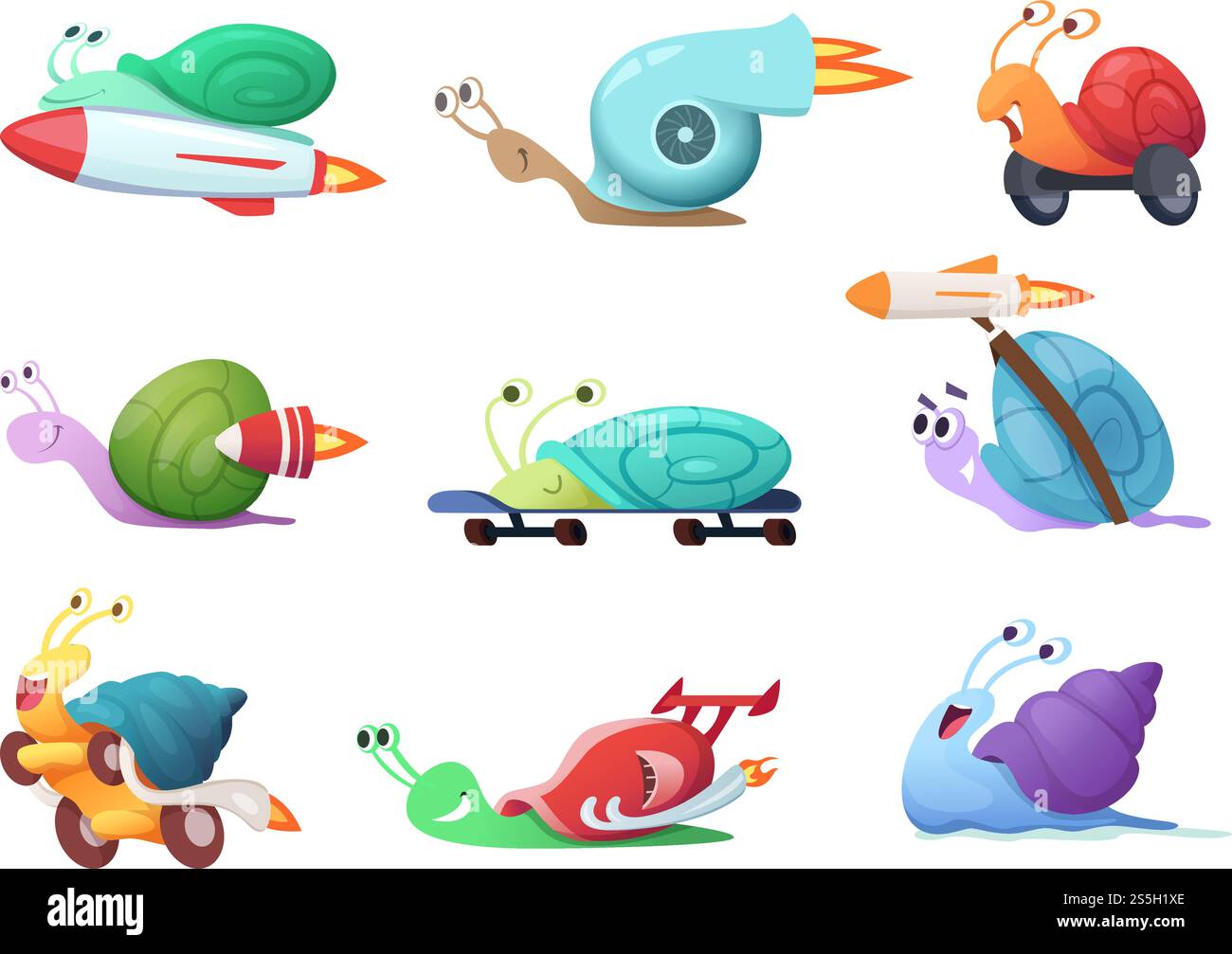 Snails cartoon characters. Slow sea slug or caracoles vector ...