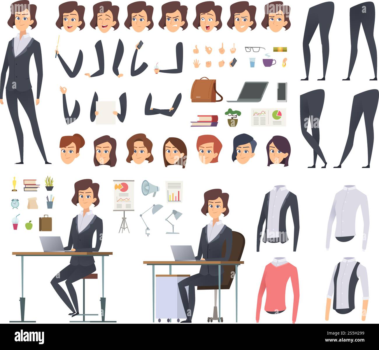 Female business animation. Director office manager woman body parts ...