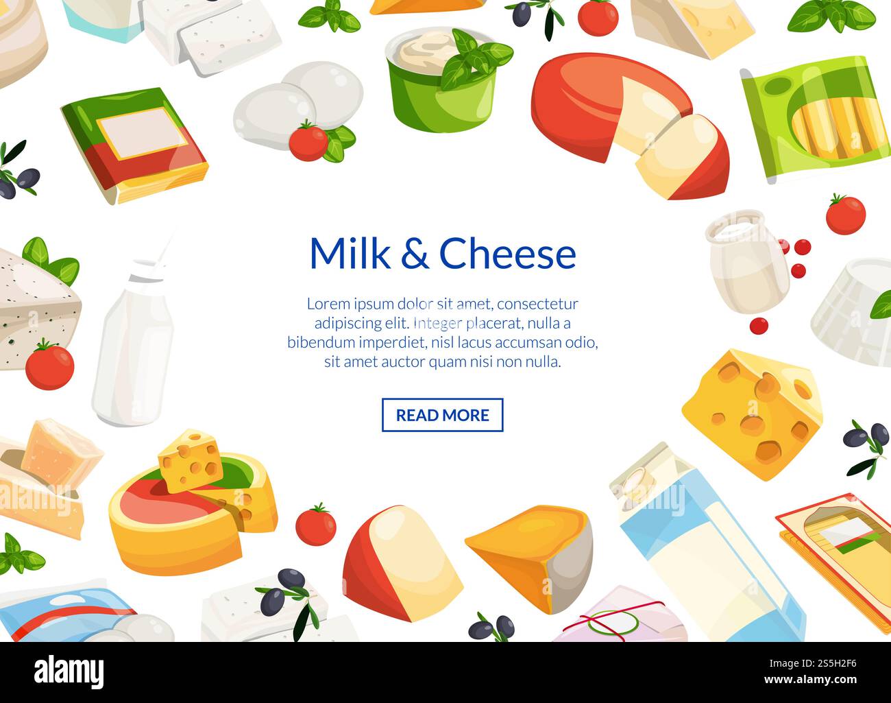 Vector cartoon dairy and cheese products background with place for text ...