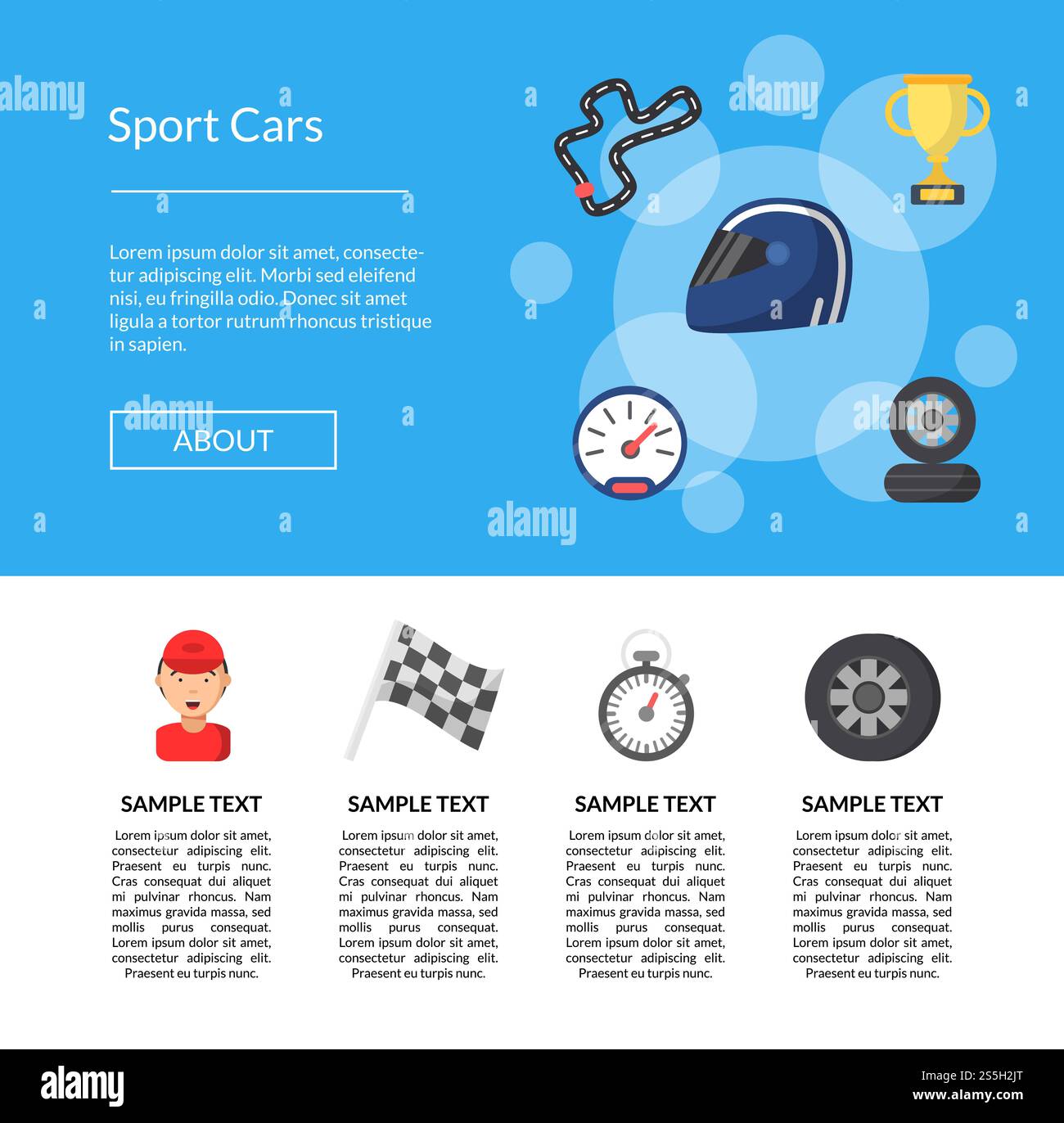 Vector flat car racing icons landing page template illustration ...