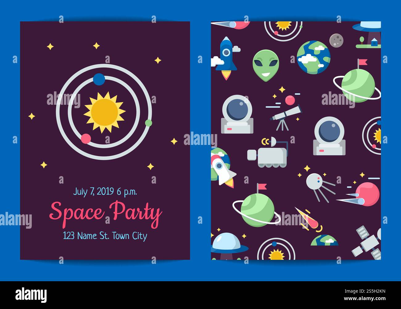 Vector flat space icons party invitation template illustration. Banner ...