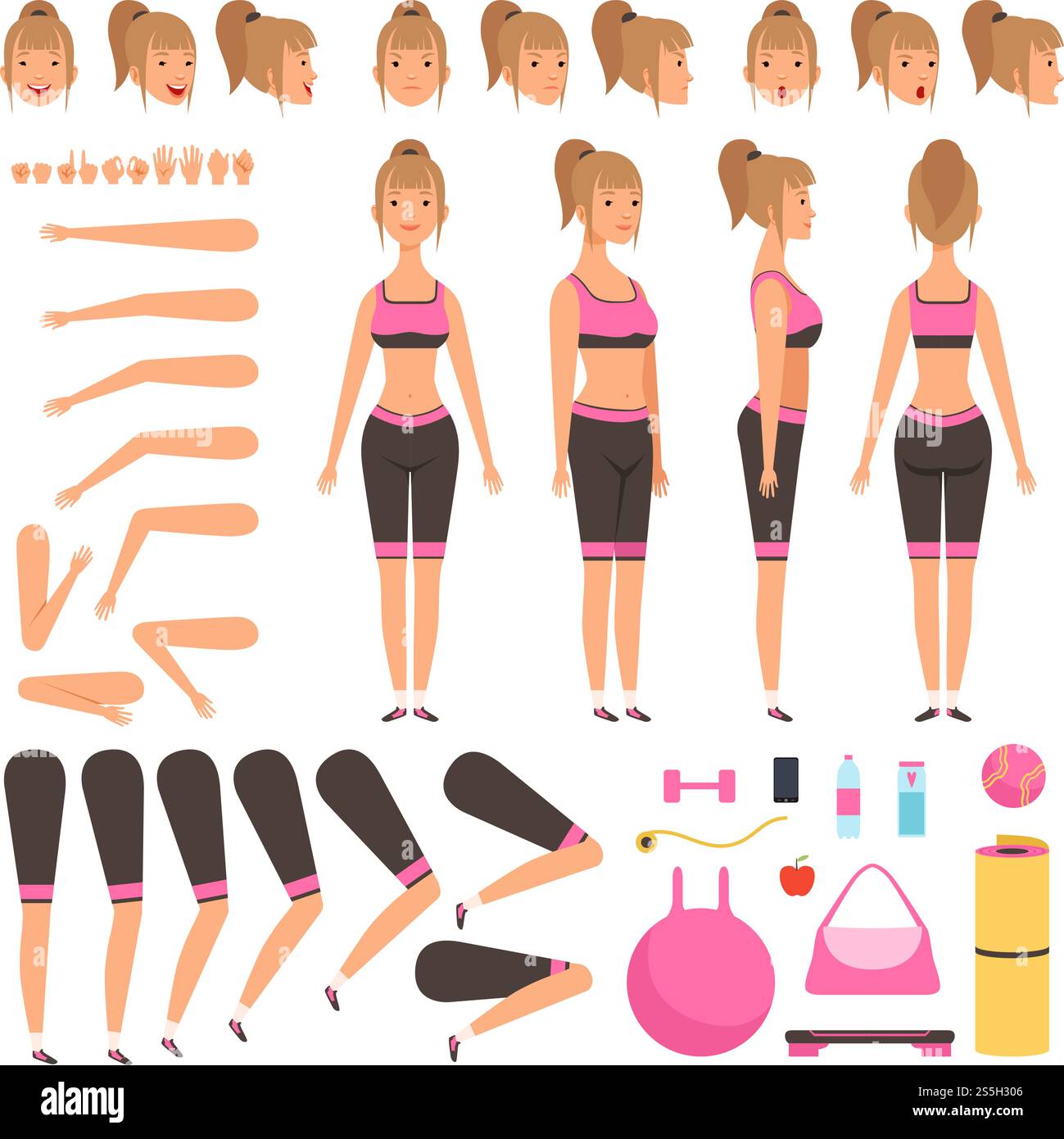 Sport girl animation. Fitness female characters body parts arms hands ...