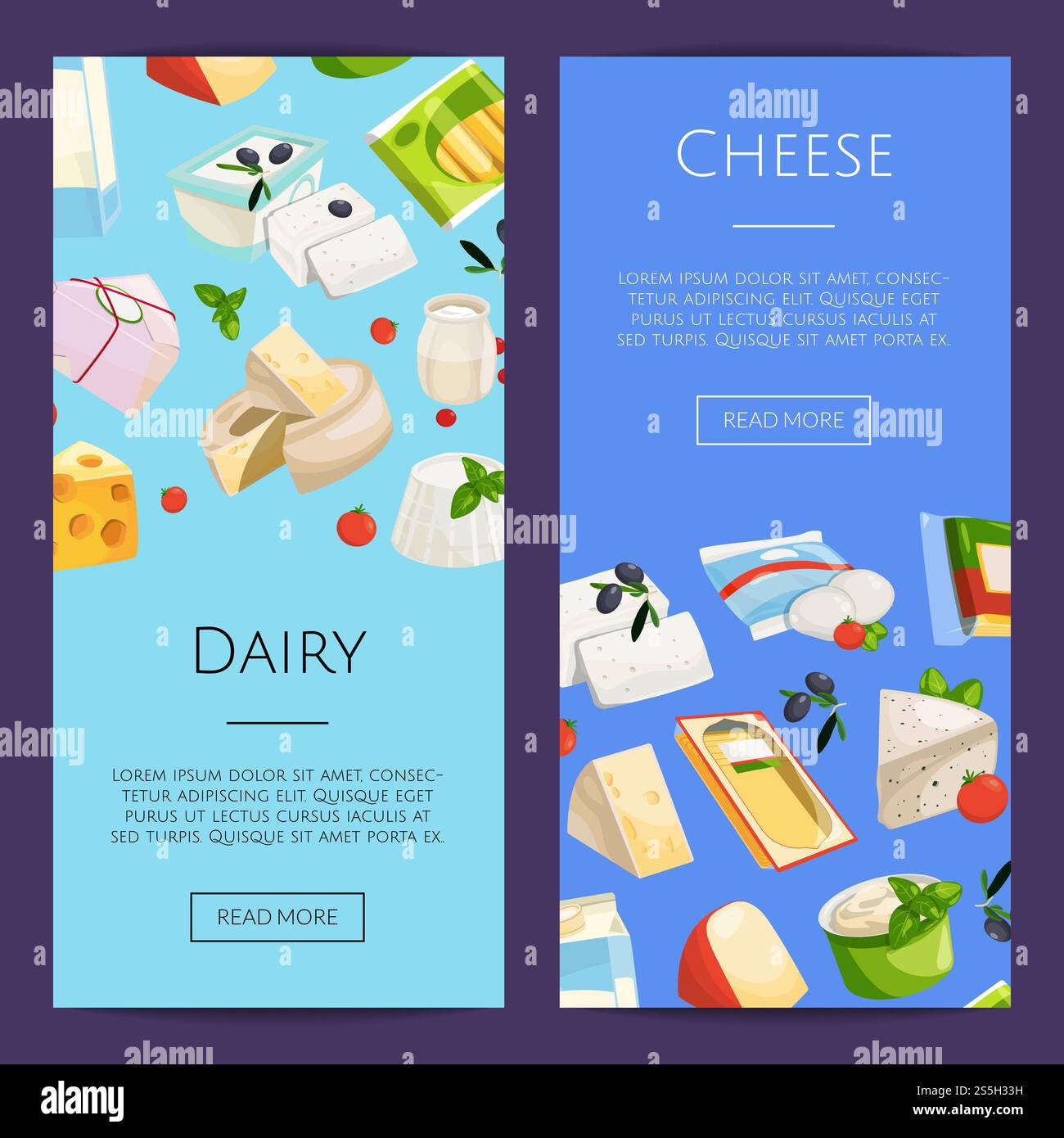 Vector cartoon dairy and cheese products web banner and poster for ...