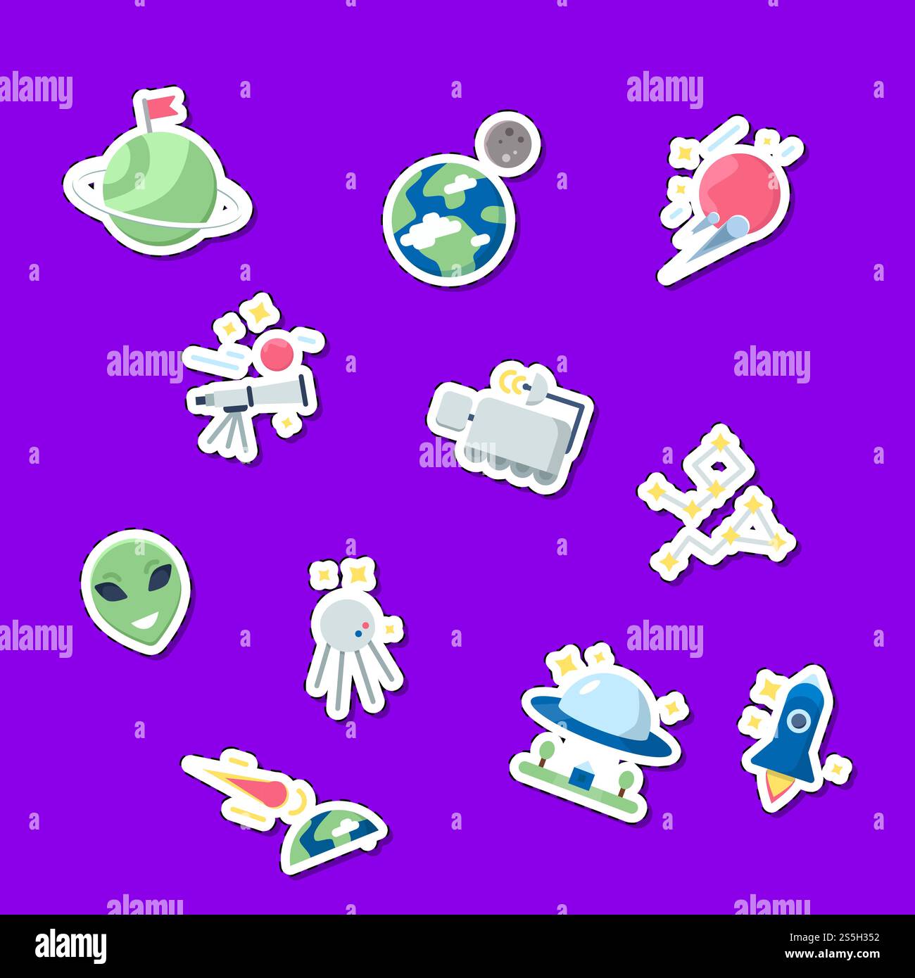 Vector flat space icons stickers set illustration isolated on purple ...