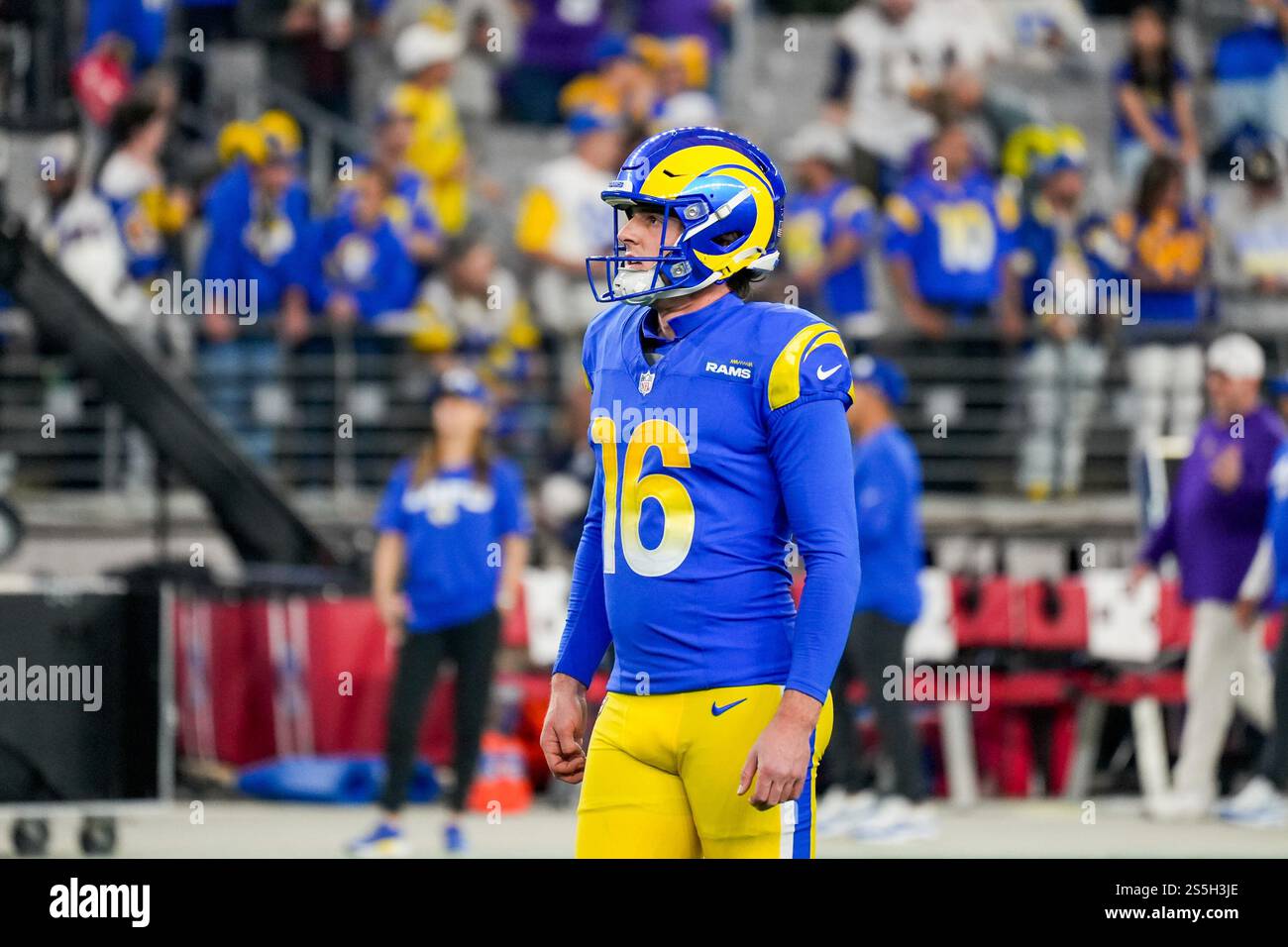 Los Angeles Rams place kicker Joshua Karty (16) before an NFL football ...