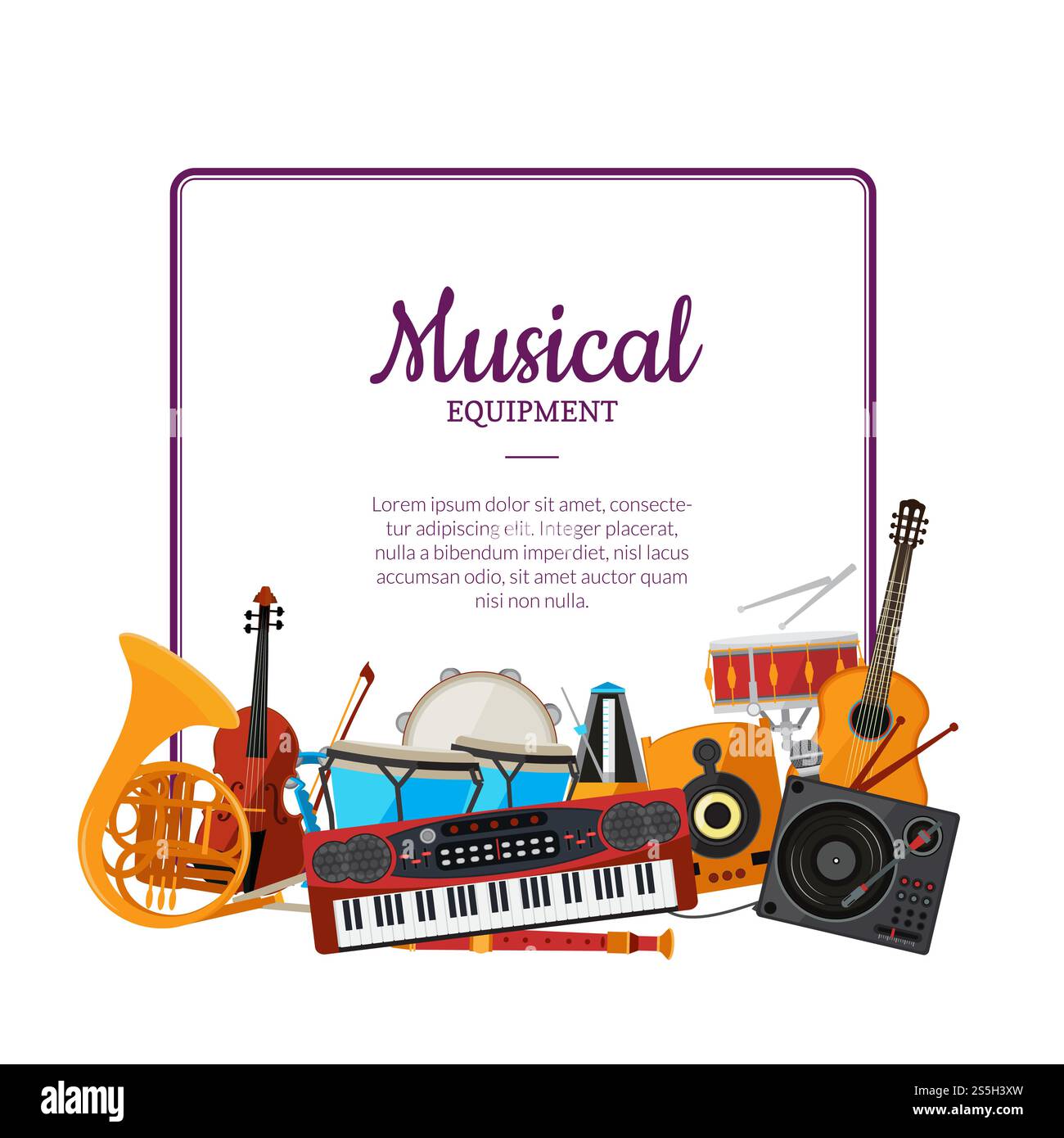 Vector cartoon musical instruments below frame with place for text ...