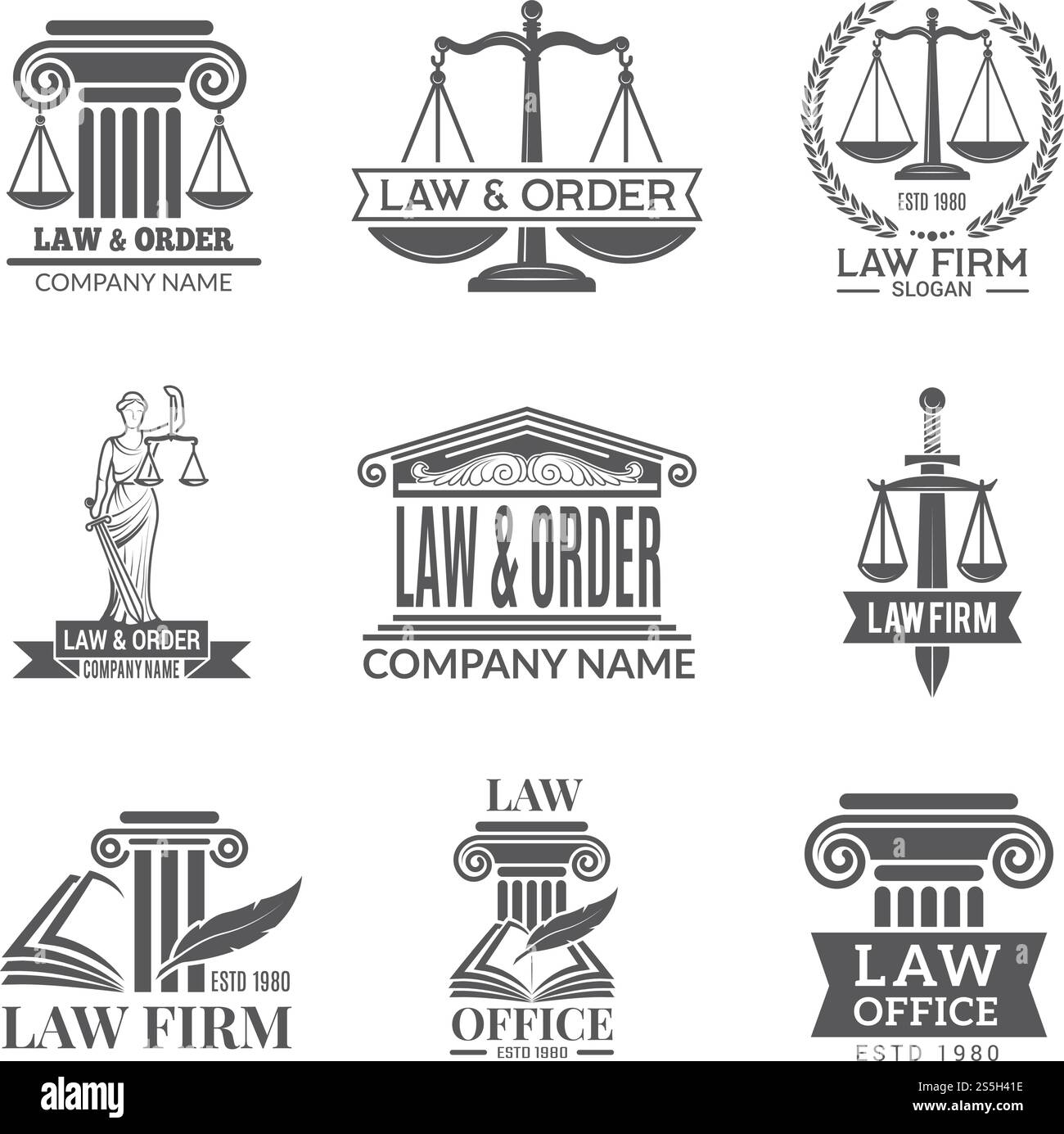 Law and legal labels. Legal code, judge hammer and other corporate ...