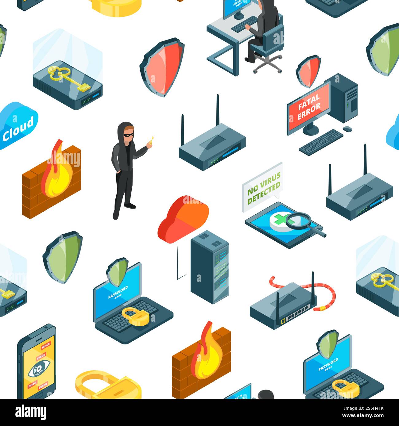 Vector isometric data and computer safety icons seamless pattern or ...