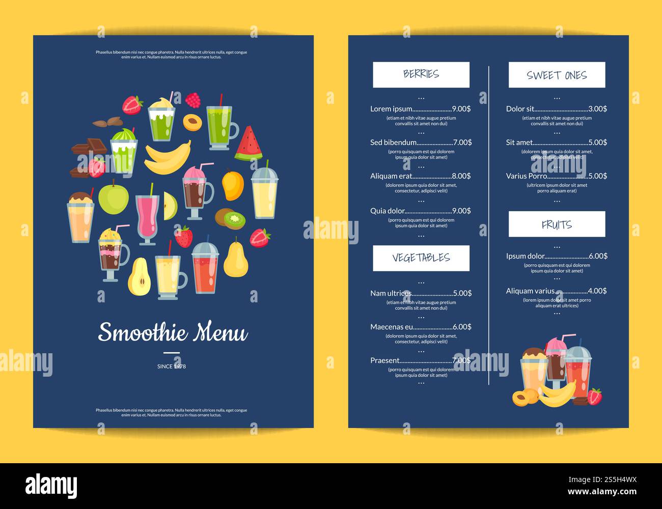 Vector flat smoothie elements cafe or restaurant menu template ...