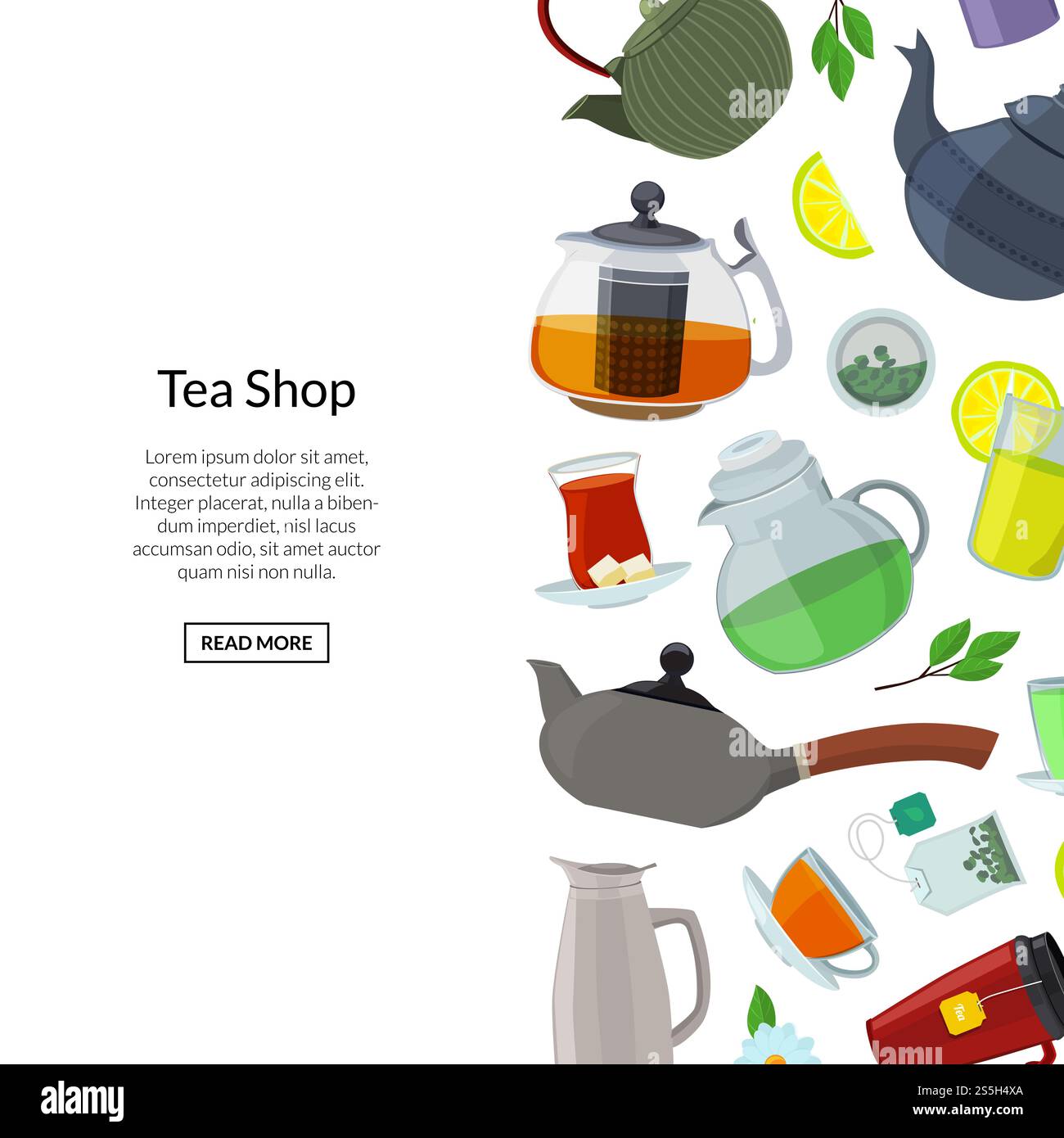 Vector cartoon colored tea kettles and cups of set background with ...