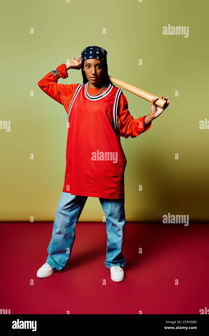 A young woman stands boldly holding a baseball bat, showcasing her ...
