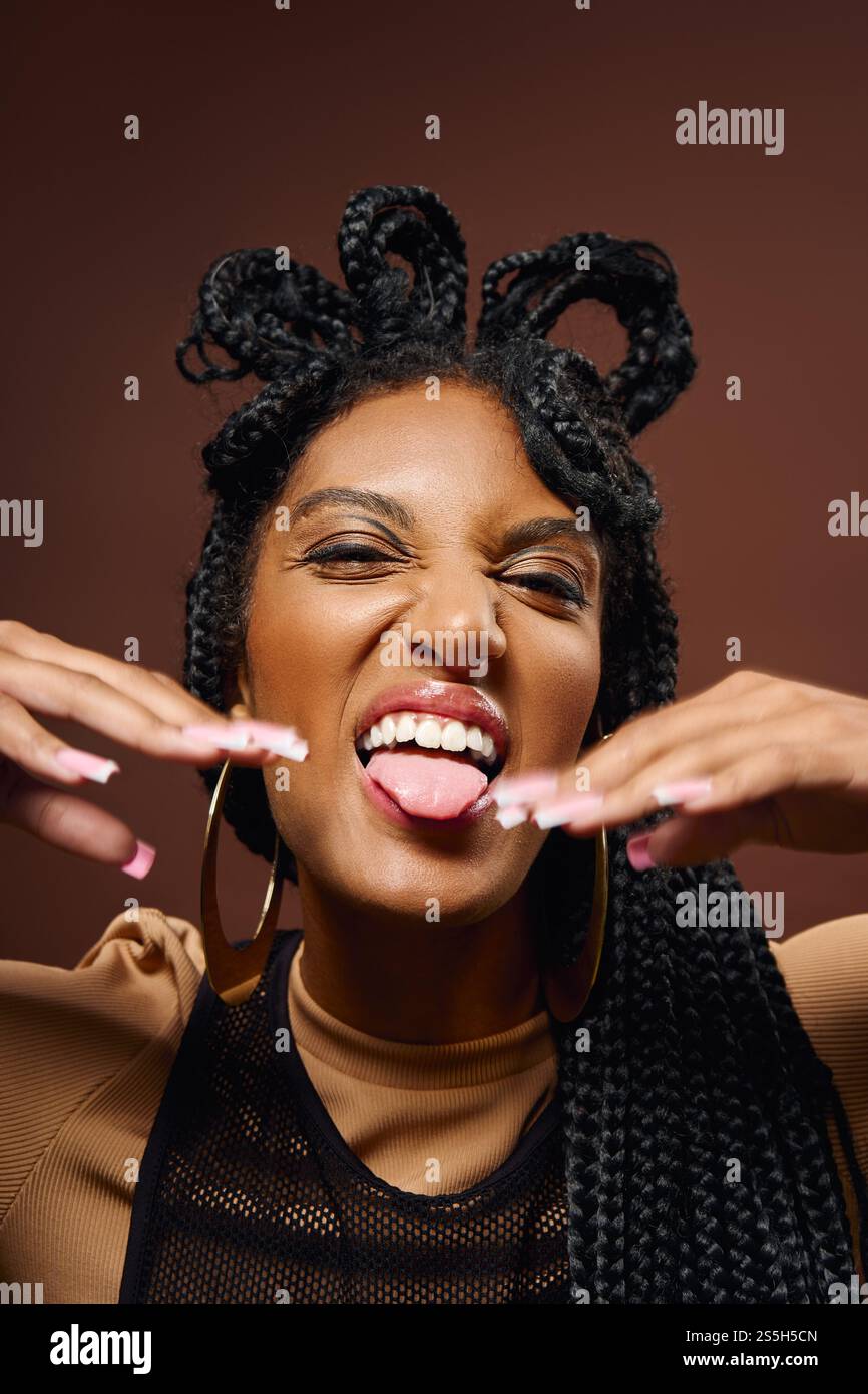 A young woman flaunts her unique hairstyle and vibrant personality in a ...