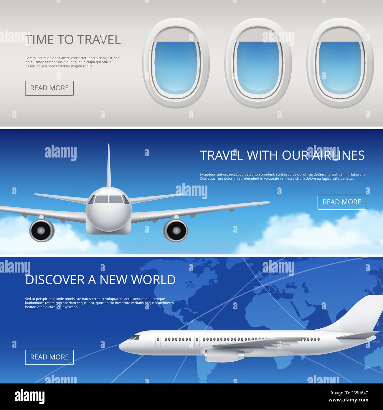 Sky airplane tourism banners. Civil aviation pictures of blue sky and ...