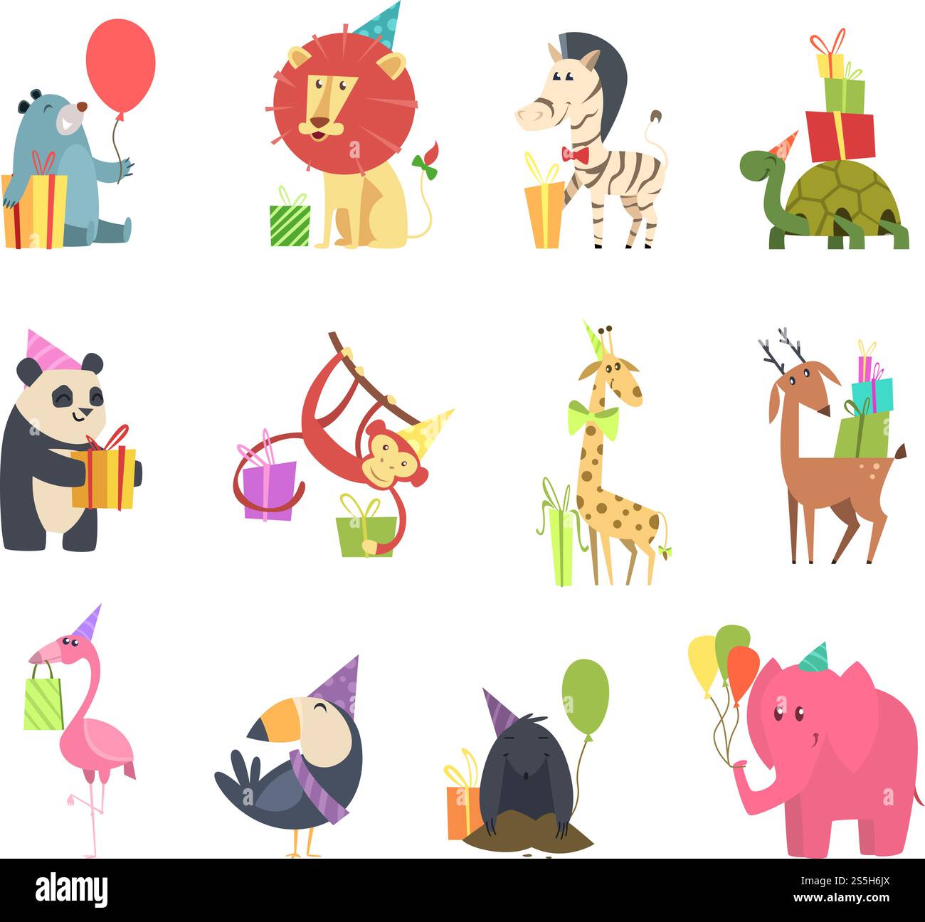 Wild animals with gifts. Festive holidays celebration with elephant ...