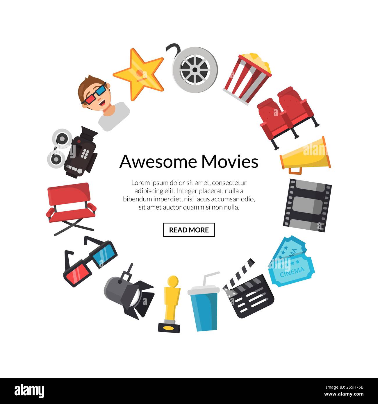 Vector flat cinema icons in circle shape with place for text ...