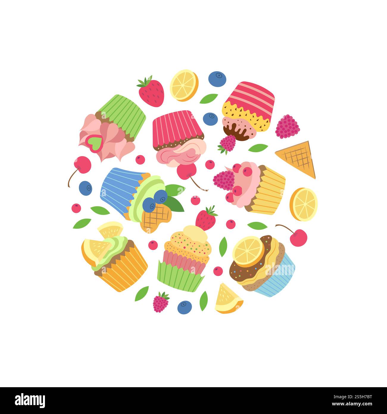 Vector cute cartoon muffins or cupcakes in circle shape illustration ...