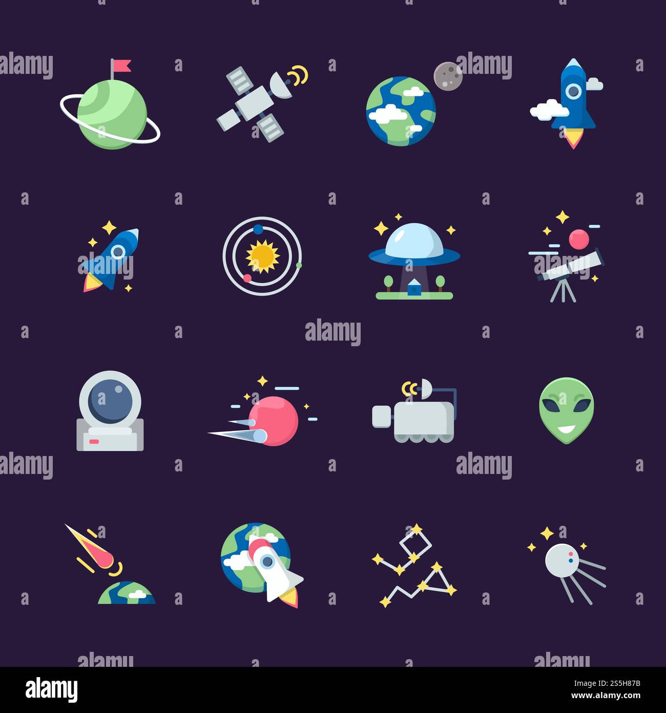 Space flat icons. Telescope satellite spaceship earth sun and planets views from observatory ...