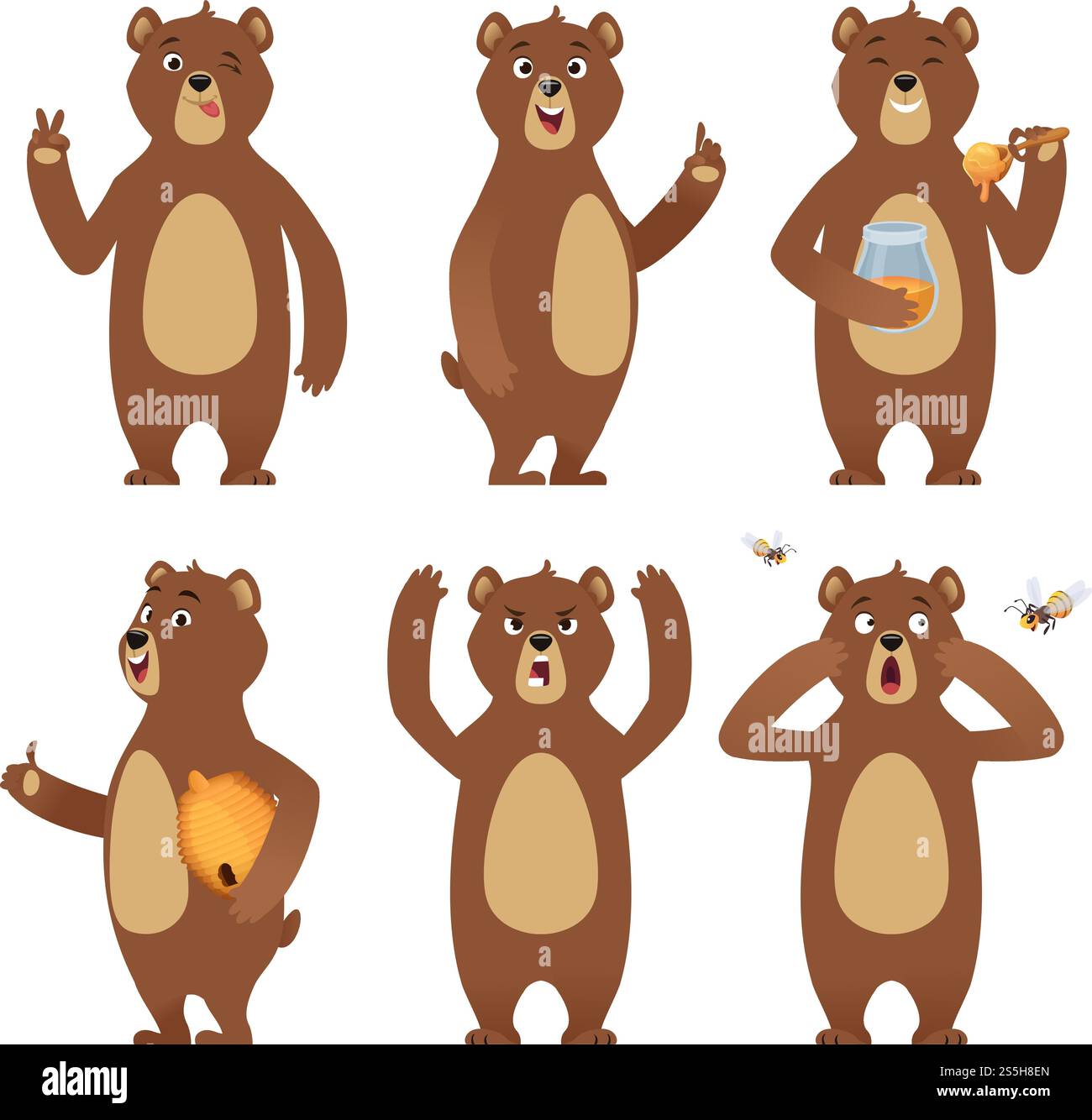 Brown bear cartoon. Wild animal standing at different poses nature ...