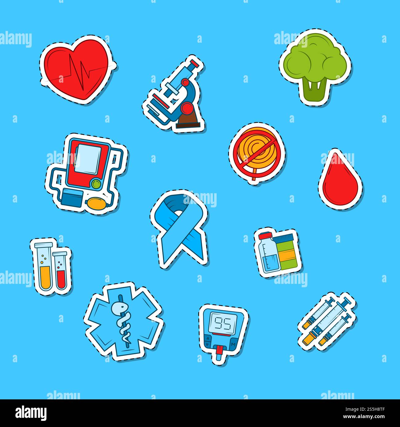 Vector colored diabetes icons stickers set illustration isolated on ...