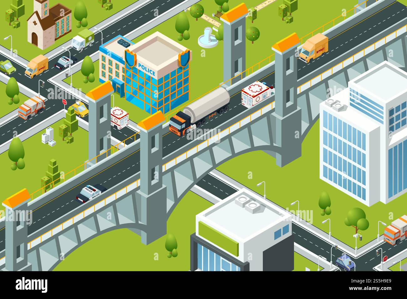 Isometric city bridge. Train railway viaduct urban landscape 3d map ...