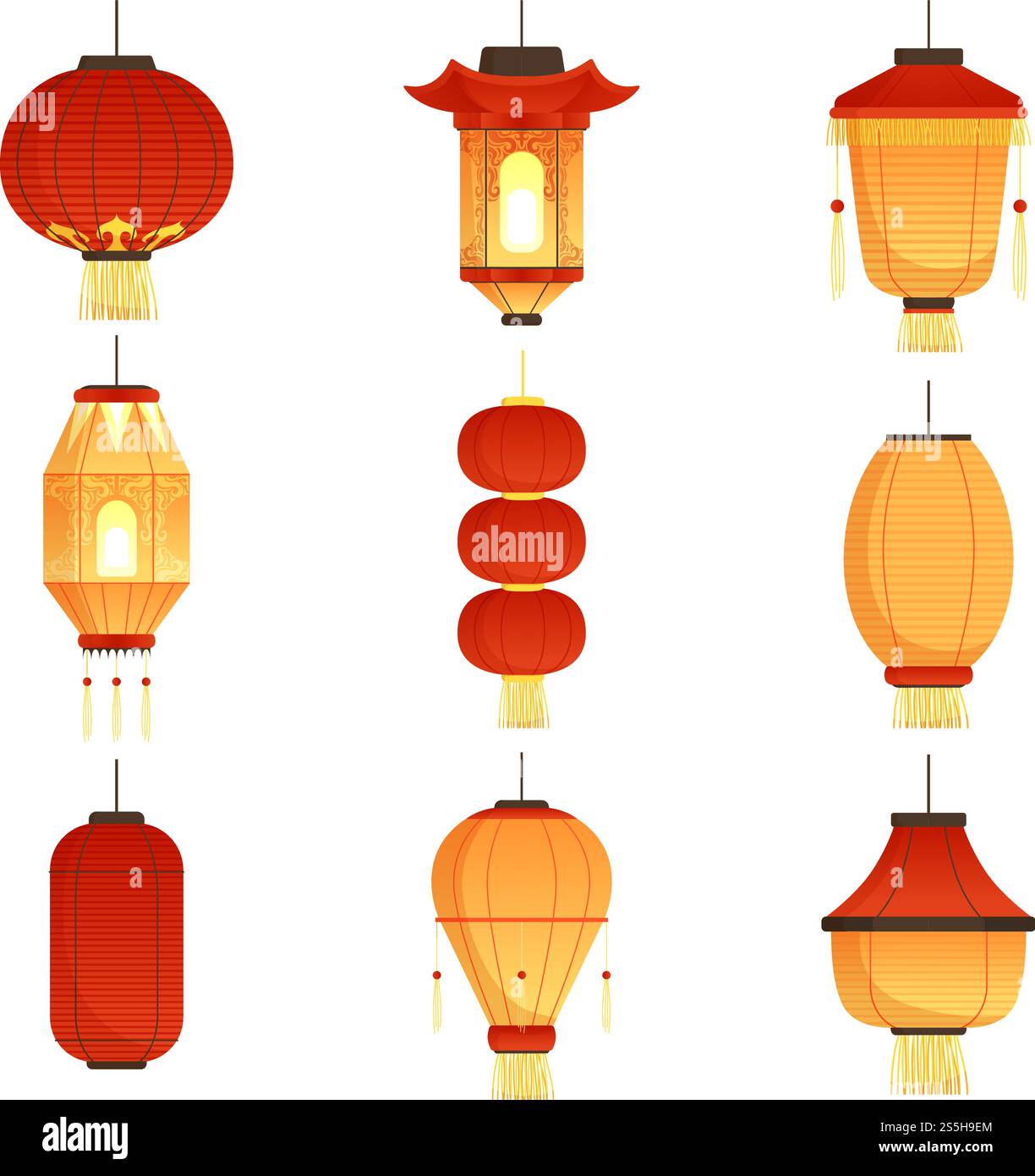 Asian cartoon lanterns. Chinese and chinatown festival papers lanterns ...