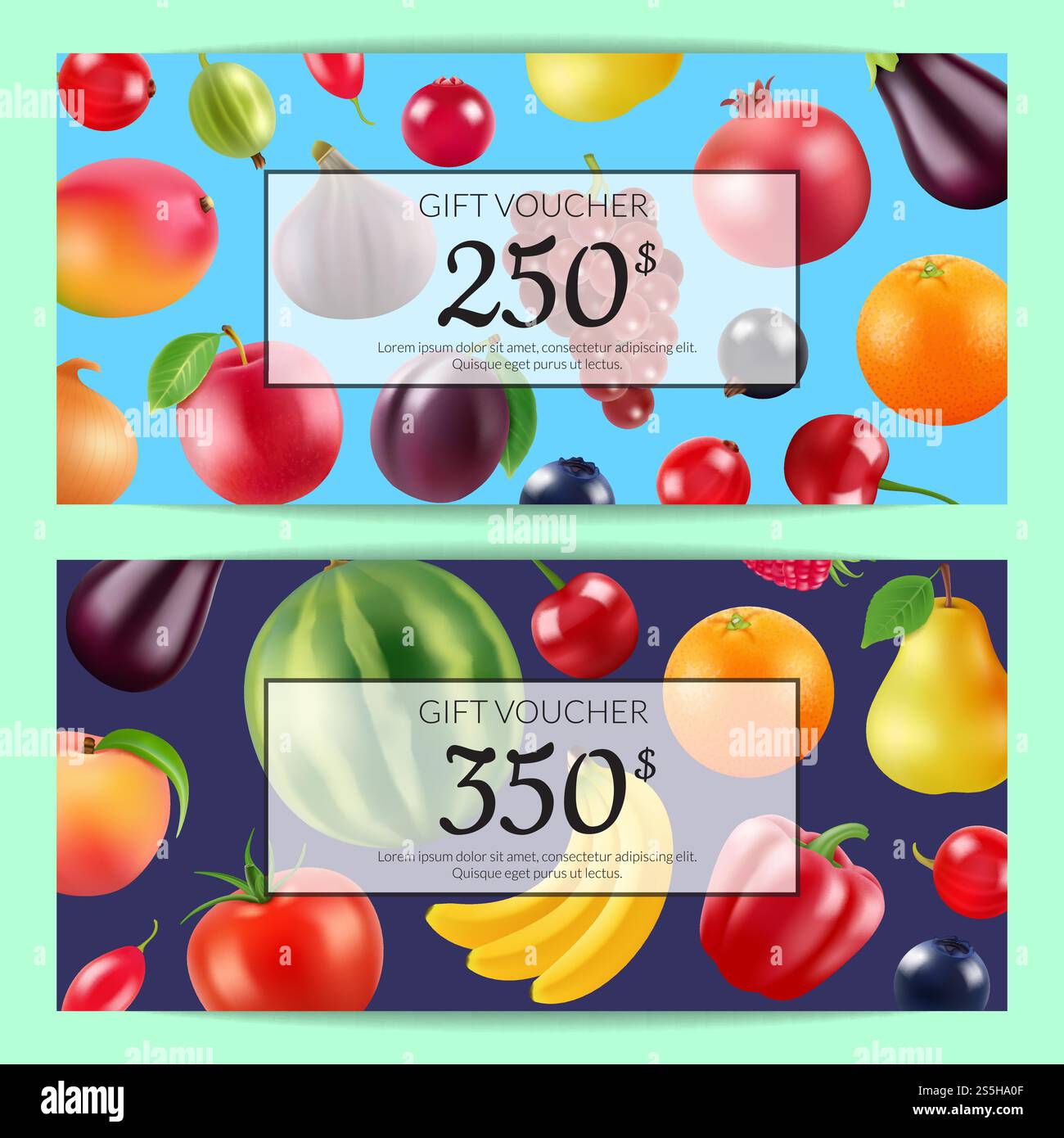Vector realistic fruits and berries discount or gift voucher templates ...