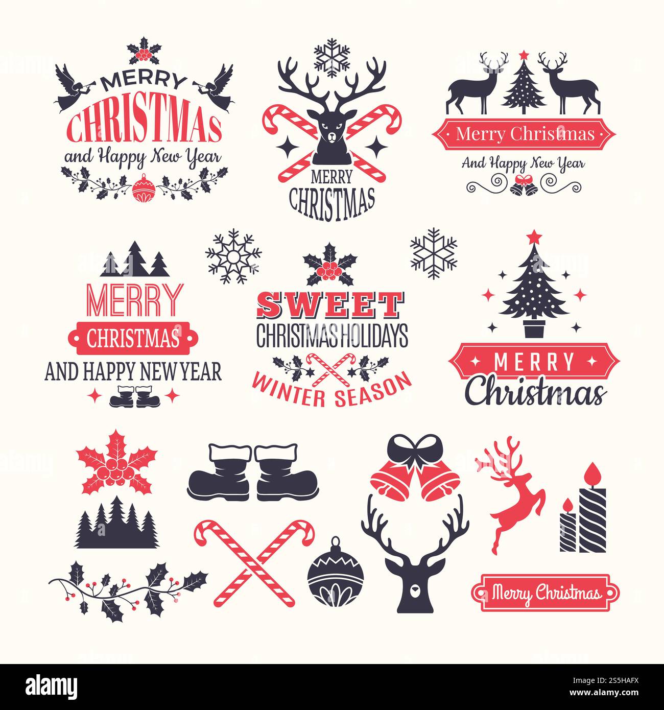 Christmas holiday labels. Vintage winter badges and logos with various ...