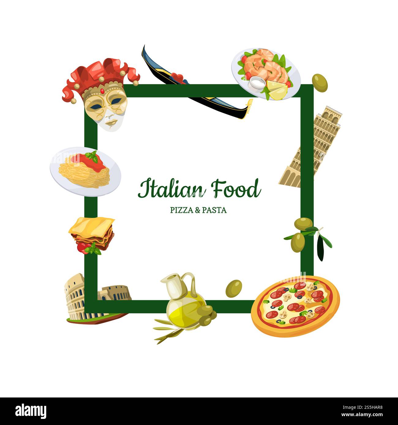 Vector cartoon italian cuisine elements flying around frame with place ...