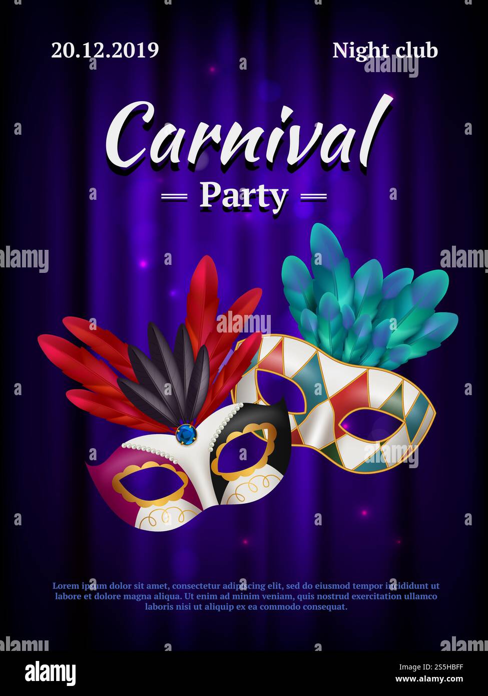 Carnival placard. Masquerade poster invitation with venetian party mask beauty realistic vector ...