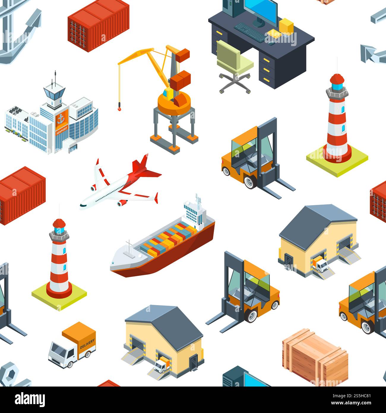 Vector isometric marine and sea port colored icons pattern background ...