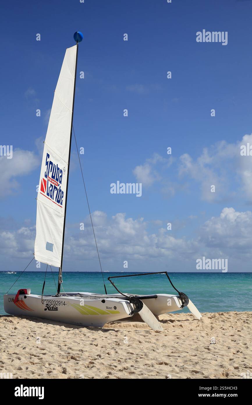 Catamaran for hire on the beach at Playacar, Playa del Carmen, Mexico ...