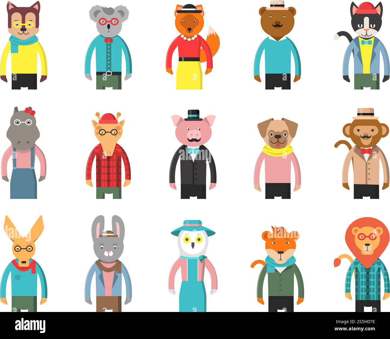 Zoo characters hipsters. Cartoon animals front view game avatars of fox ...