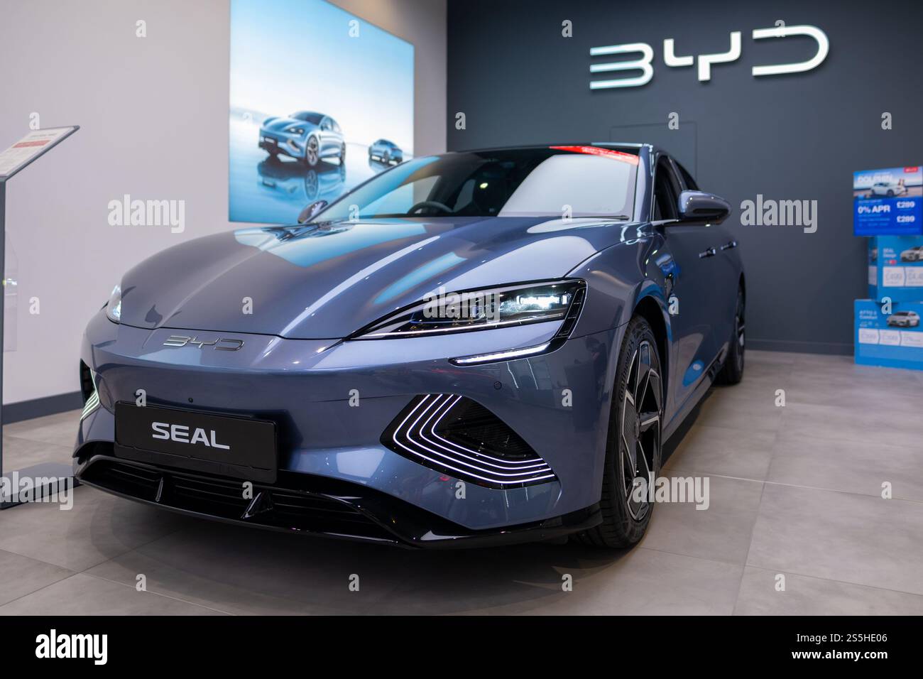 BYD Seal electric vehicle, metallic SUV Chinese manufacturer in Studio, ev in showroom ...