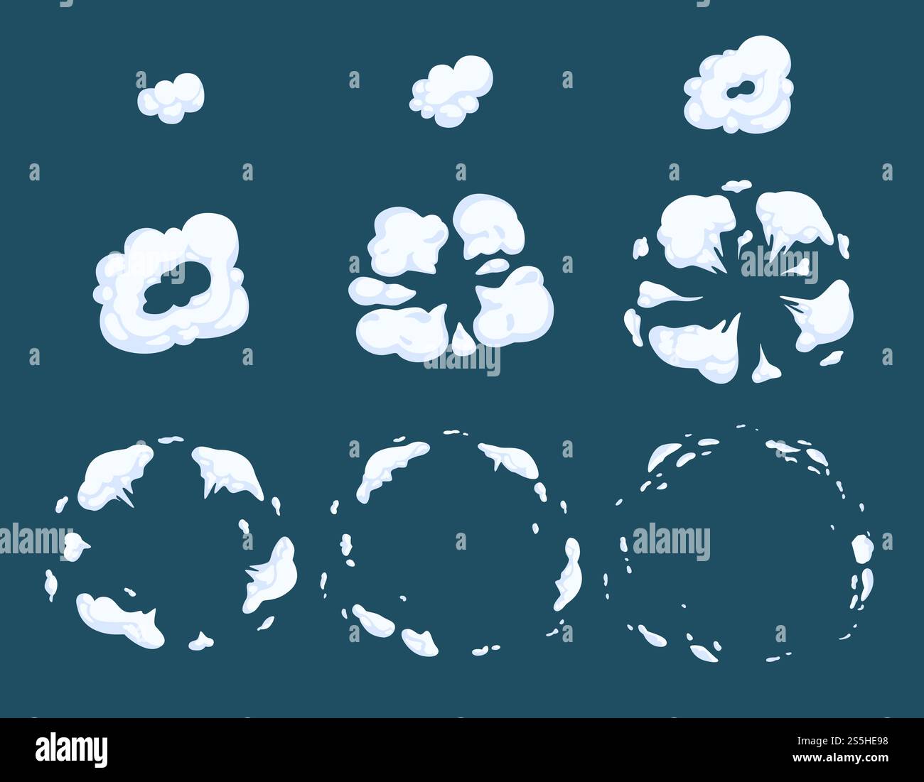 Explode animation. Smoke steam dust or smoke bomb exploding cartoon vector effects. Smoke ...
