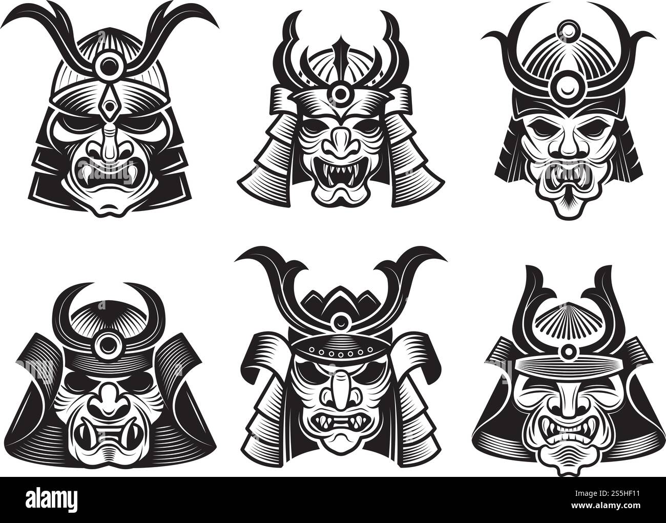 Asian martial mask. Japanese samurai face armour warrior vector ...