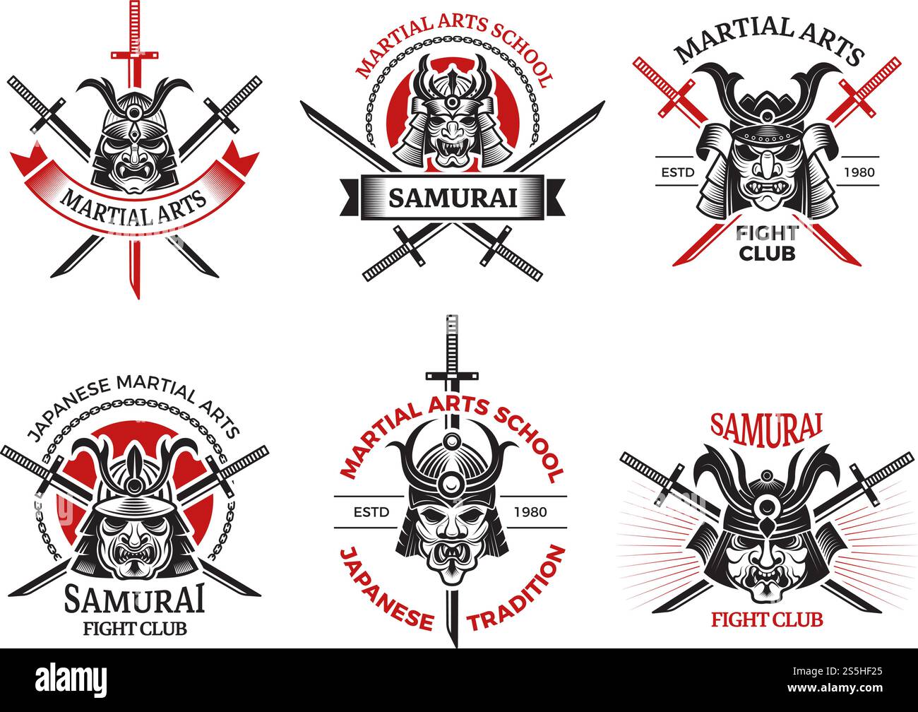 Samurai mask labels. Japan angry faces for warrior armor vector labels ...